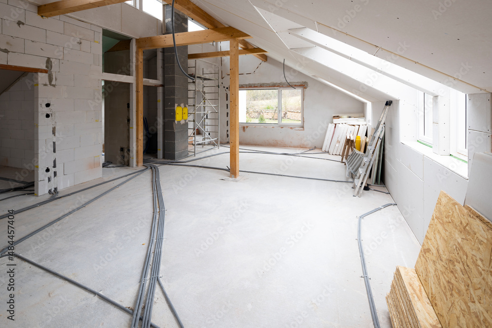 bright, friendly, modern loft construction site drywall without people ...