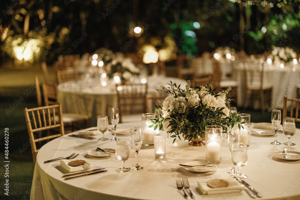 Served table for dinner on the wedding party at the hotel restaurant ...