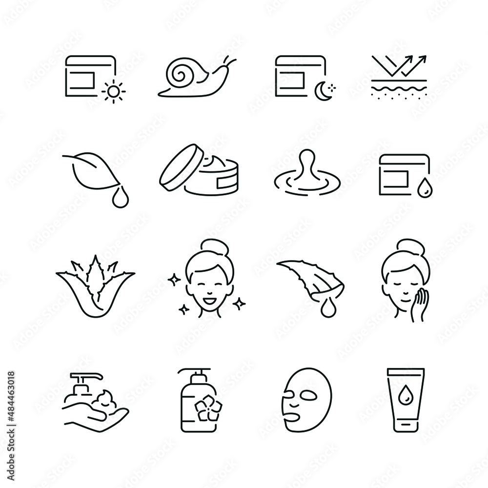 Skin care related icons: thin vector icon set, black and white kit ...