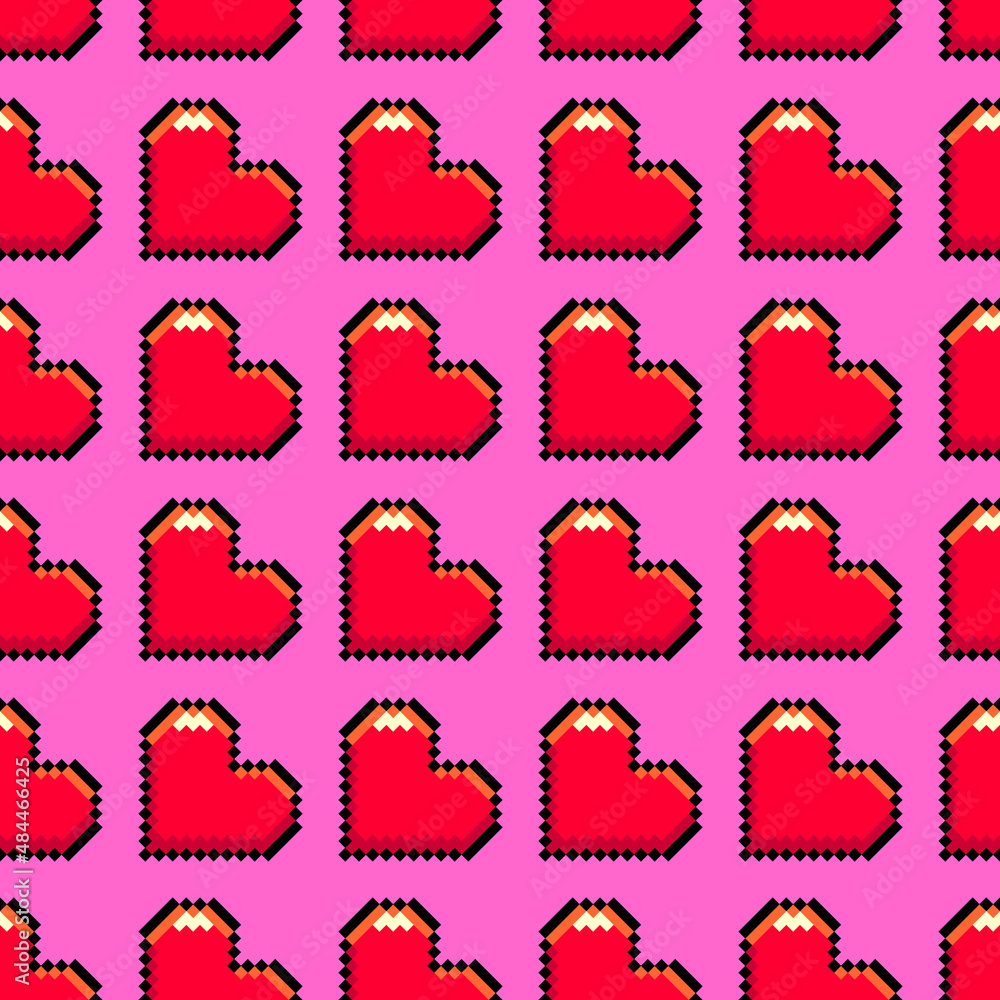 Red heart pixel art seamless pattern love symbol on vivid pink ...