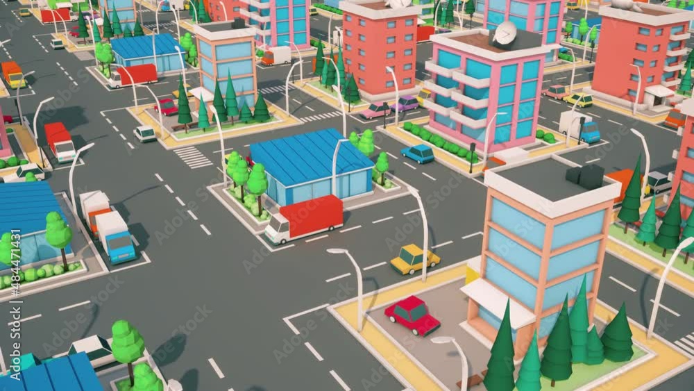 3d cgi animation of a colorful low poly city, videogame sim city flat ...