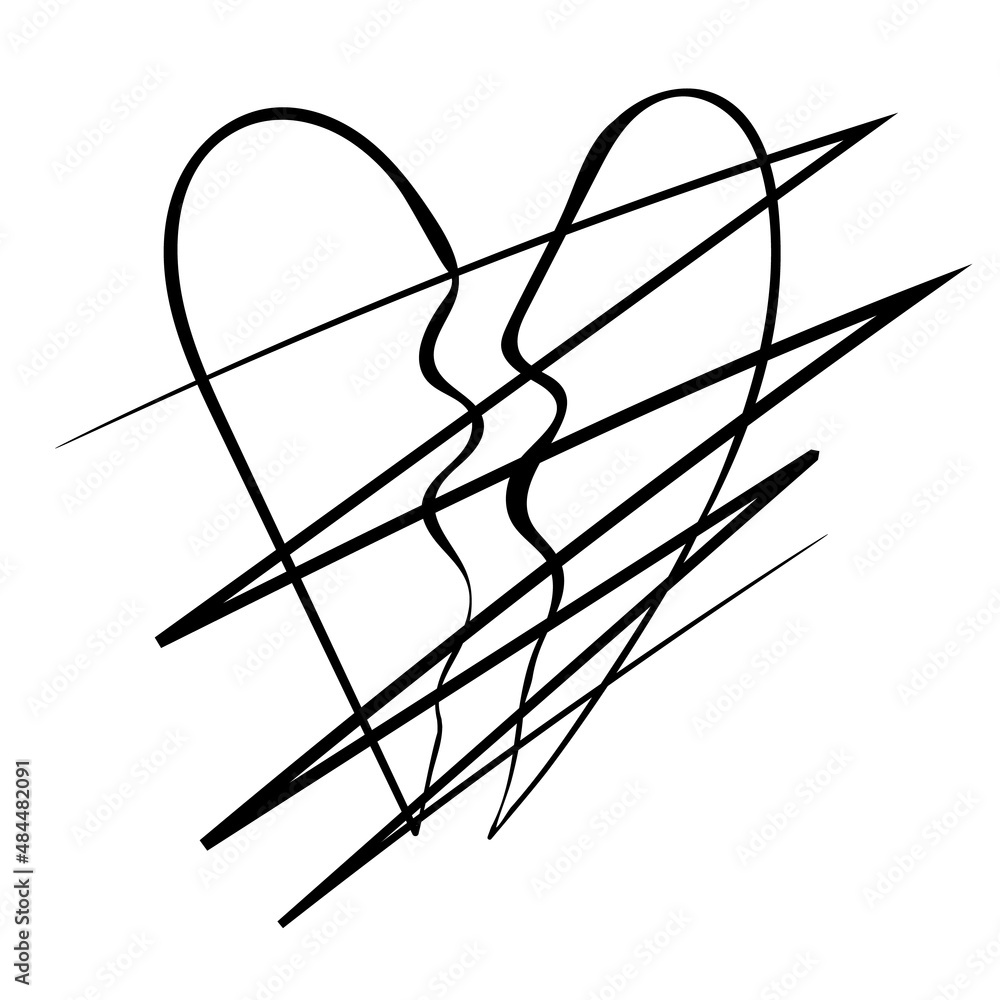 Broken, torn heart. Crossed out heart. Pain, suffering, tears, love ...