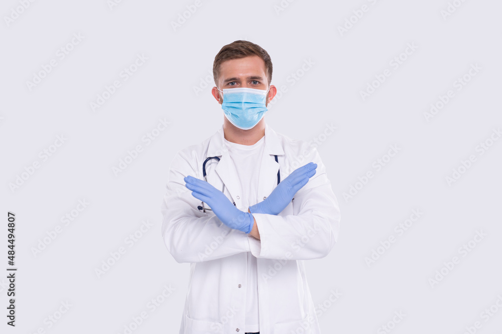 Male Doctor Hands Crossed Stop Sign Wearing Medical Mask and Gloves ...