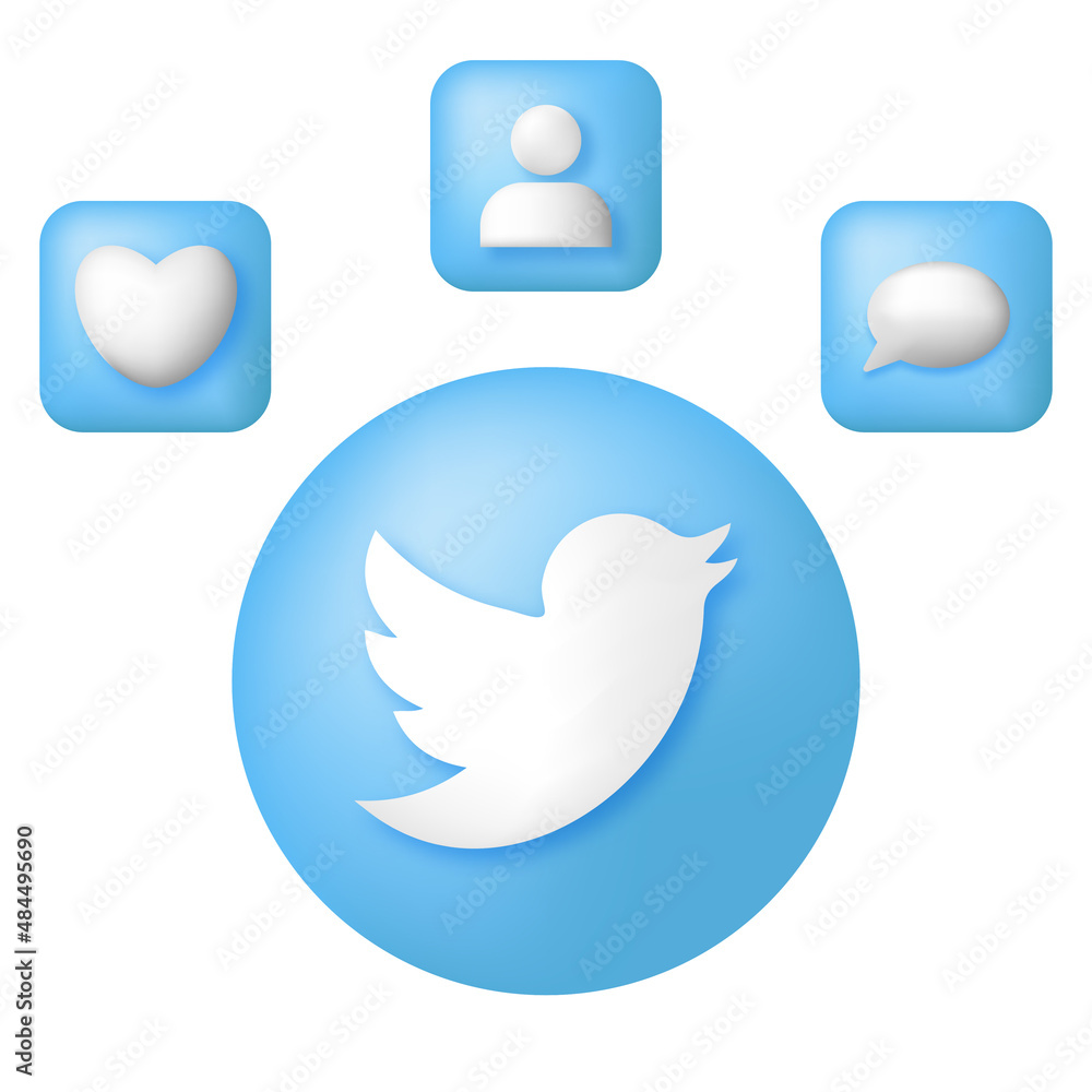 Twitter logo in circle with 3d round notification icons. Social media ...