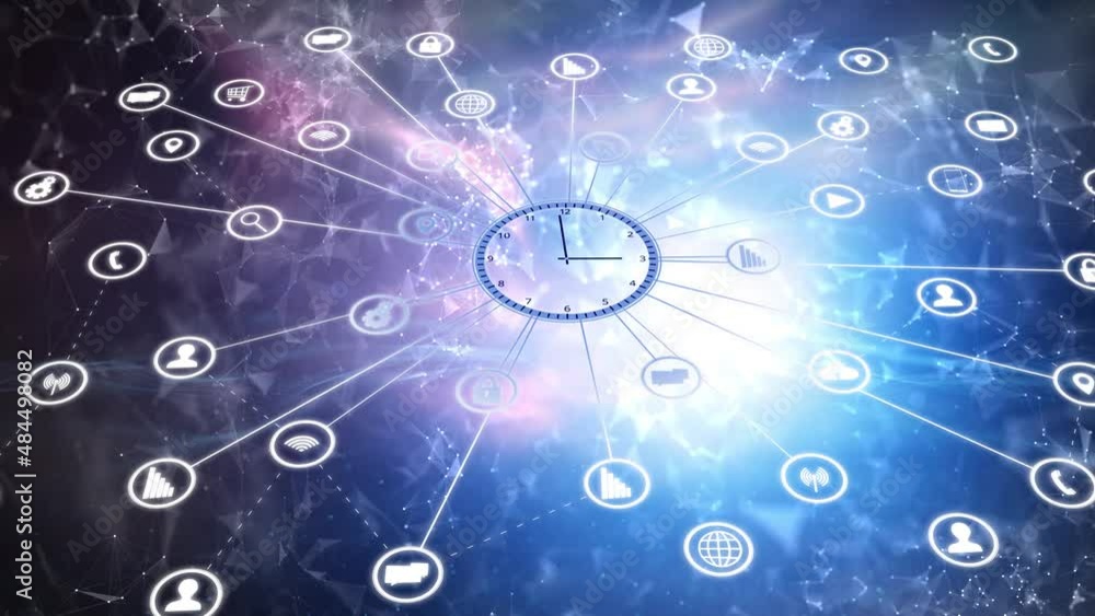 Digital technology icon symbols with futuristic time clock in colorful ...