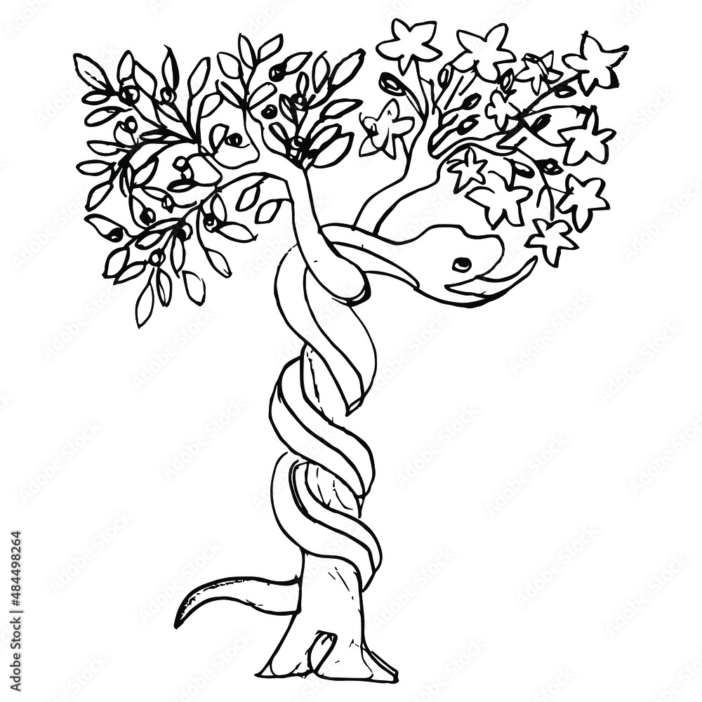 Tree of the knowledge of good and evil. Serpent snake in Eden garden ...