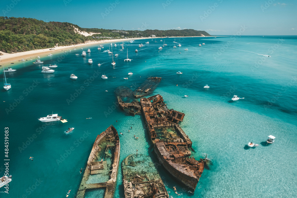 Aerial view of the Tangalooma wrecks in Moreton Bay, Queensland ...