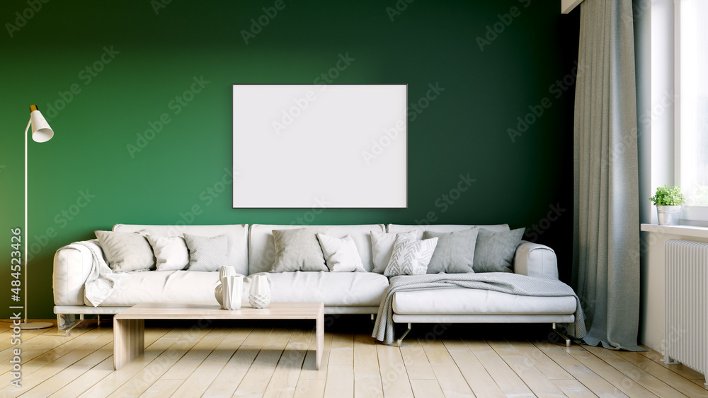 Modern interior of a room with an empty painting. Sofa and large window ...
