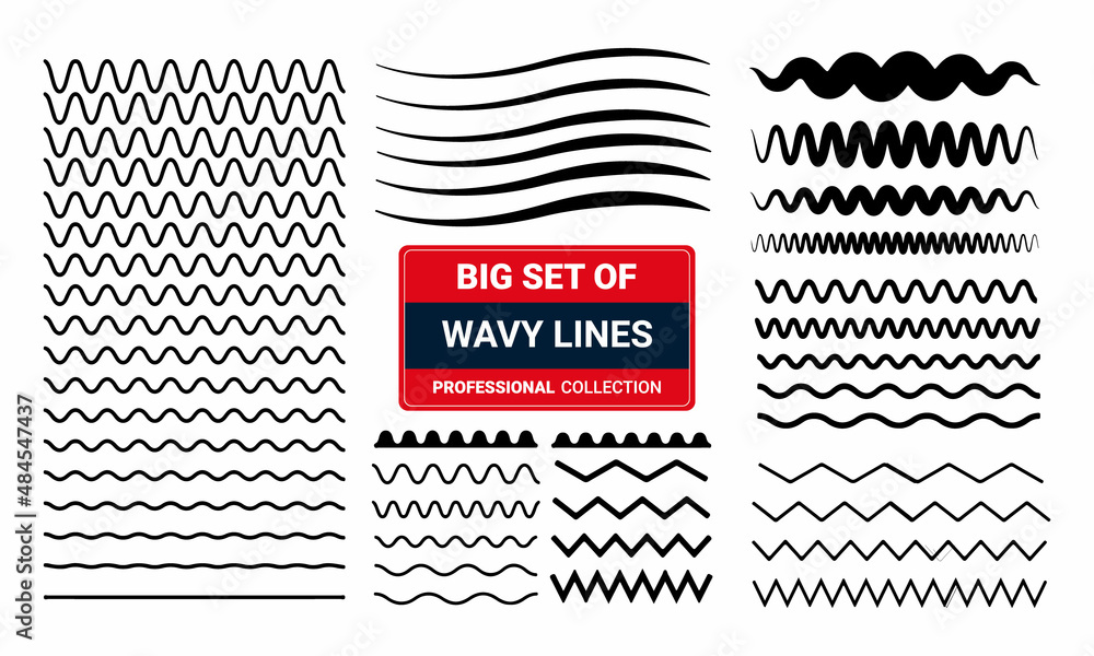 Big set of curvy and wavy lines graphic design elements patterns. Zig ...