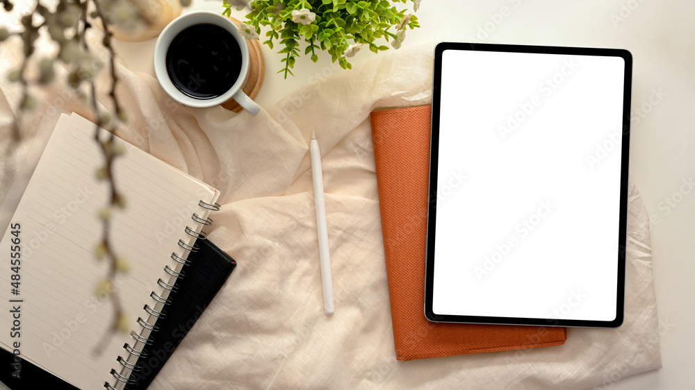 Cozy feminine workspace with tablet computer mockup. Stock Photo ...