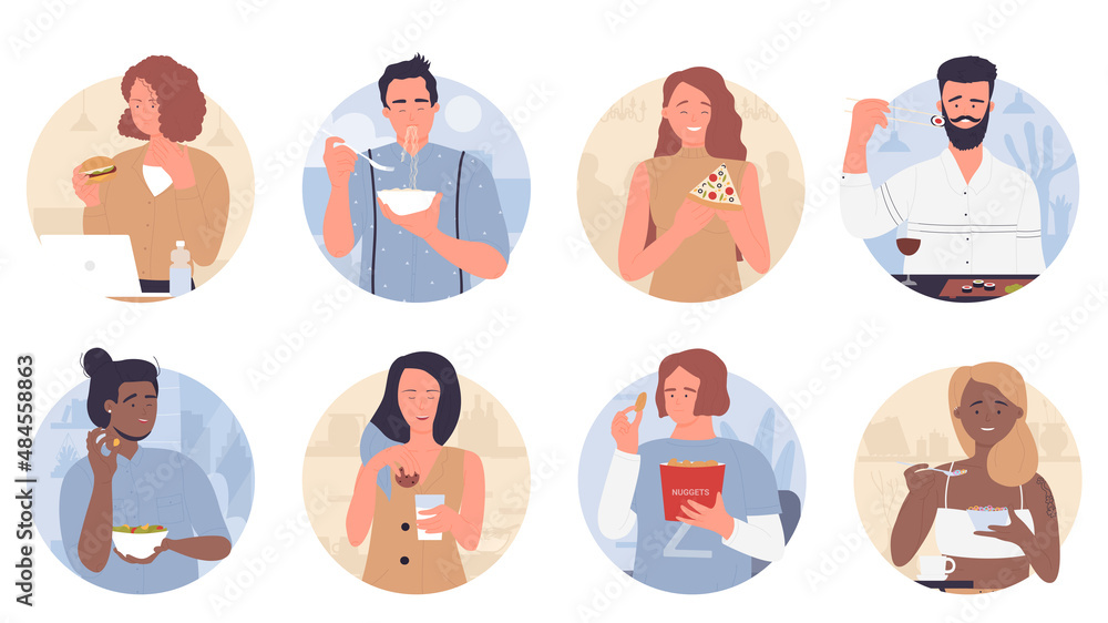 Happy people eat food in round avatar set vector illustration. Cartoon ...