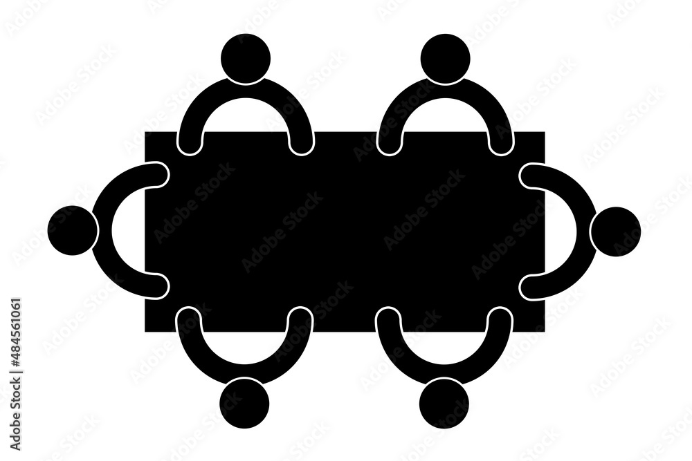 Team of six people sitting around an angled table, top view, symbol for ...
