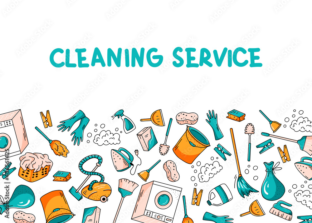 Cleaning service background with hand drawn elements and lettering ...