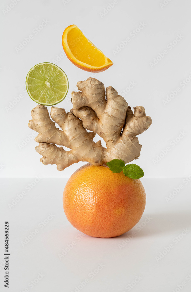 Balancing fruits and vegetables on the table. Equilibrium floating food ...