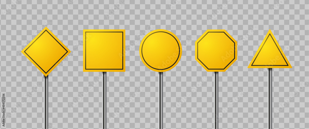 Yellow blank road sign isolated set. Direction traffic signs boards on ...