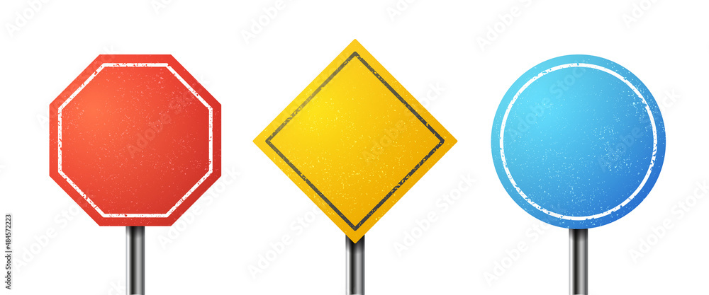 Three vector vintage rough road signs. Red, yellow and blue boards with ...