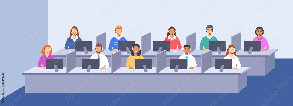 Call center customer care operators team with headsets at the desks in ...
