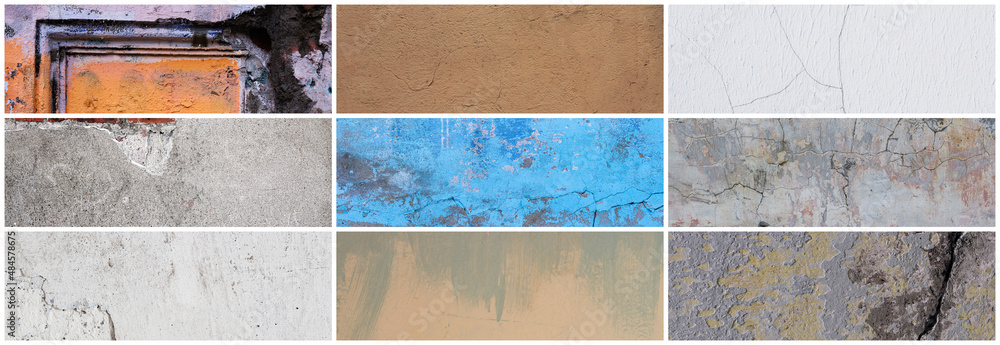 Wall texture set. Rough surfaces of the plastered and colored concrete ...