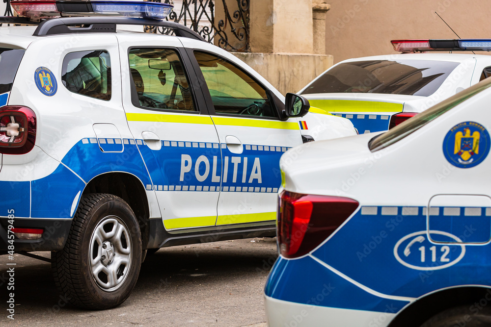 Romanian police cars (Politia Rutiera) in downtown Bucharest, Romania ...