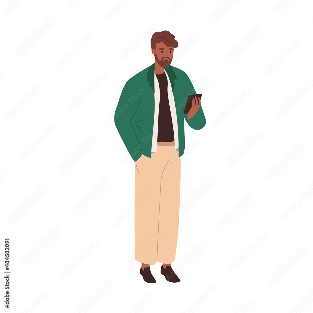 Person with mobile phone in hands. Young man standing and holding ...