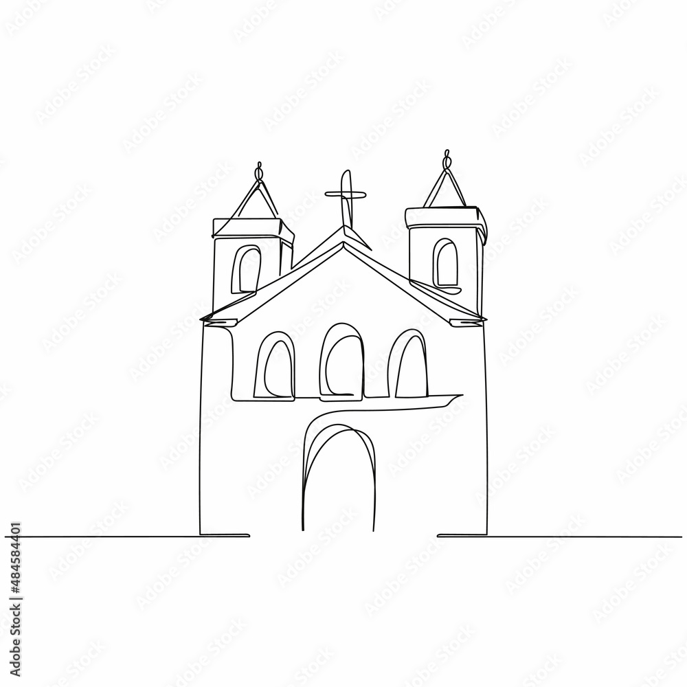 Continuous one simple single abstract line drawing of church religion ...