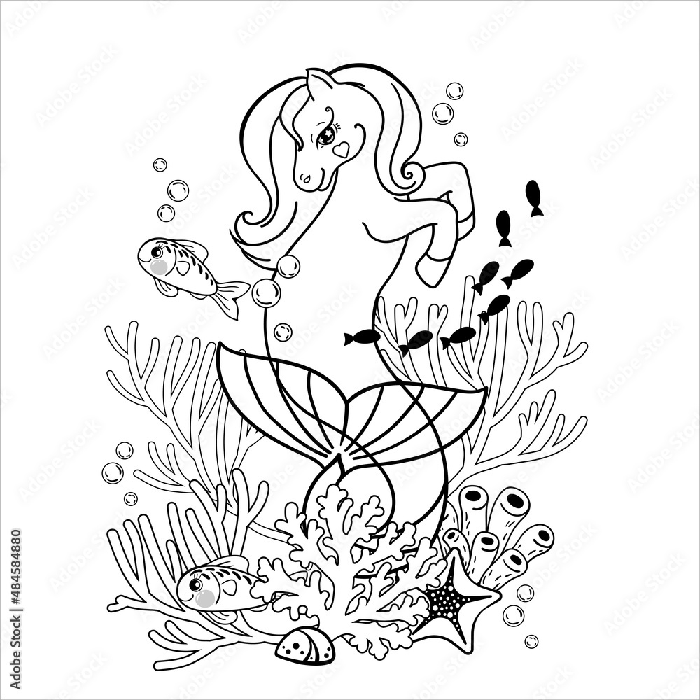 Seahorse, unicorn and sea world. Vector illustration isolated on a ...