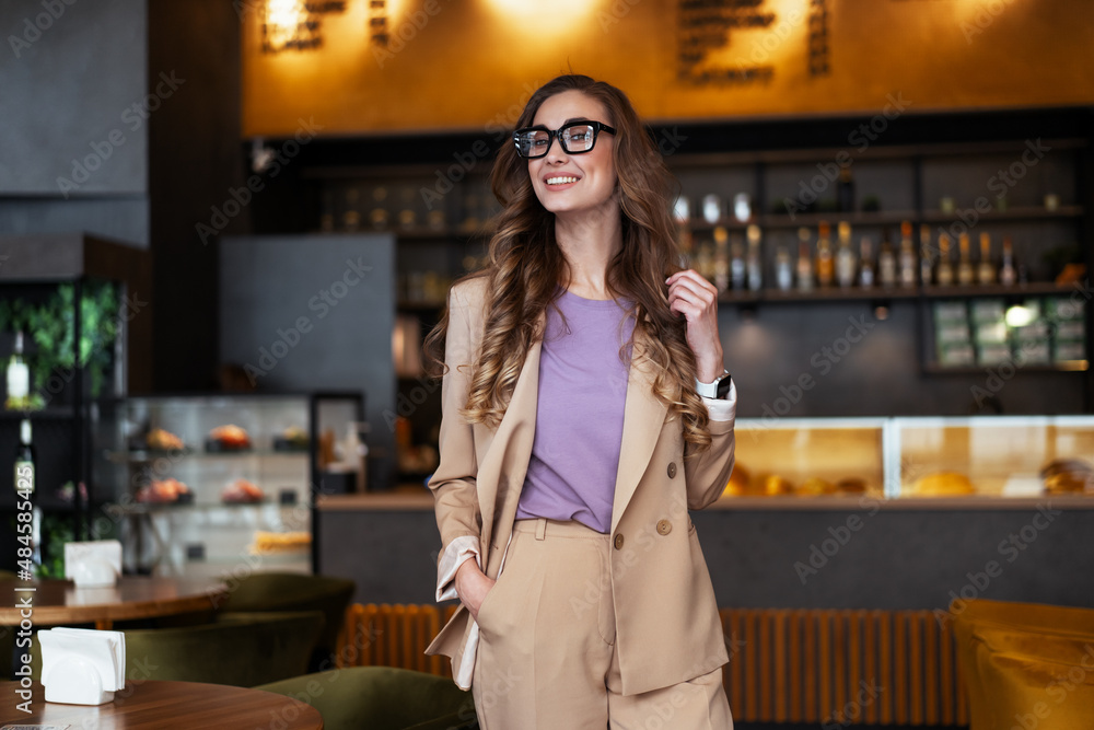 Business Woman Restaurant Owner Dressed Elegant Pantsuit Standing In ...