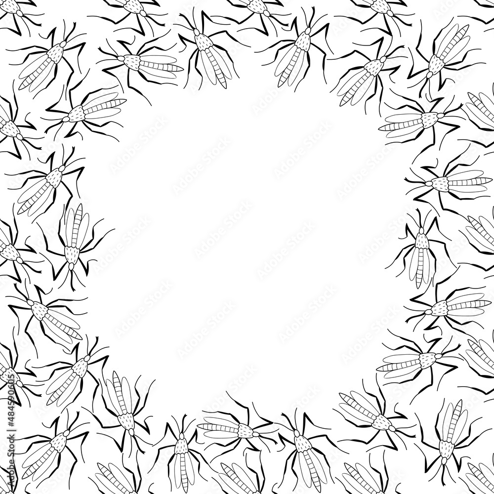 Vector frame, border from black contoured small mosquitoes, moths or ...