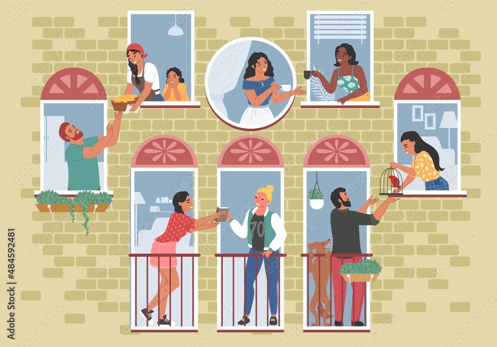 Good neighbors communicating with each other from open windows and ...