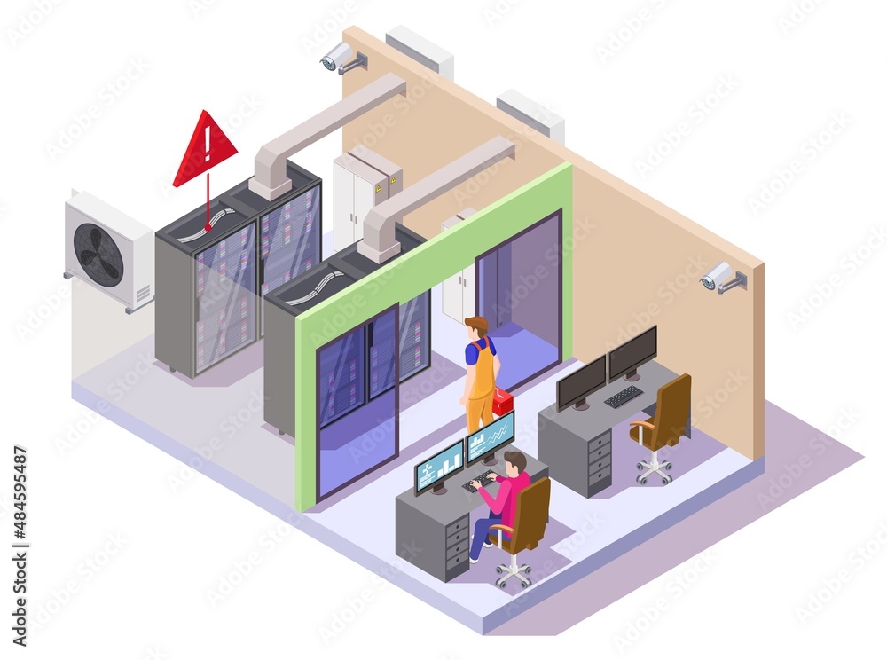 Data center or server room with server racks and computer operator ...