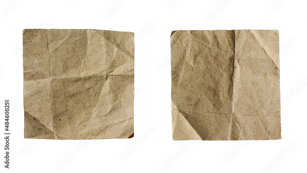 Square crumpled aged craft brown note paper with traces of folds ...