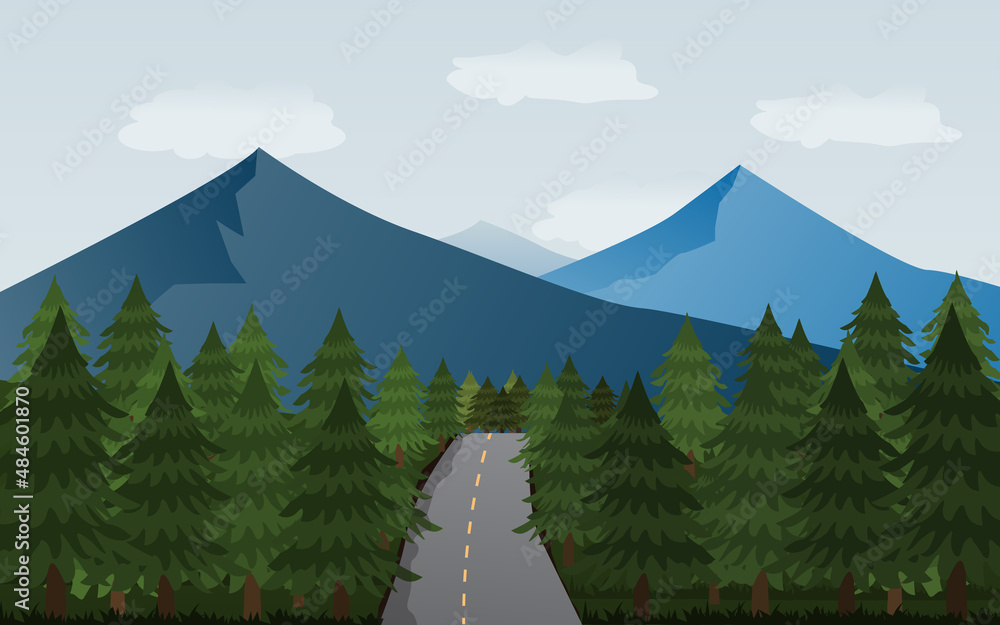 Green Forest with road and pine trees. blue mountains landscape vector ...