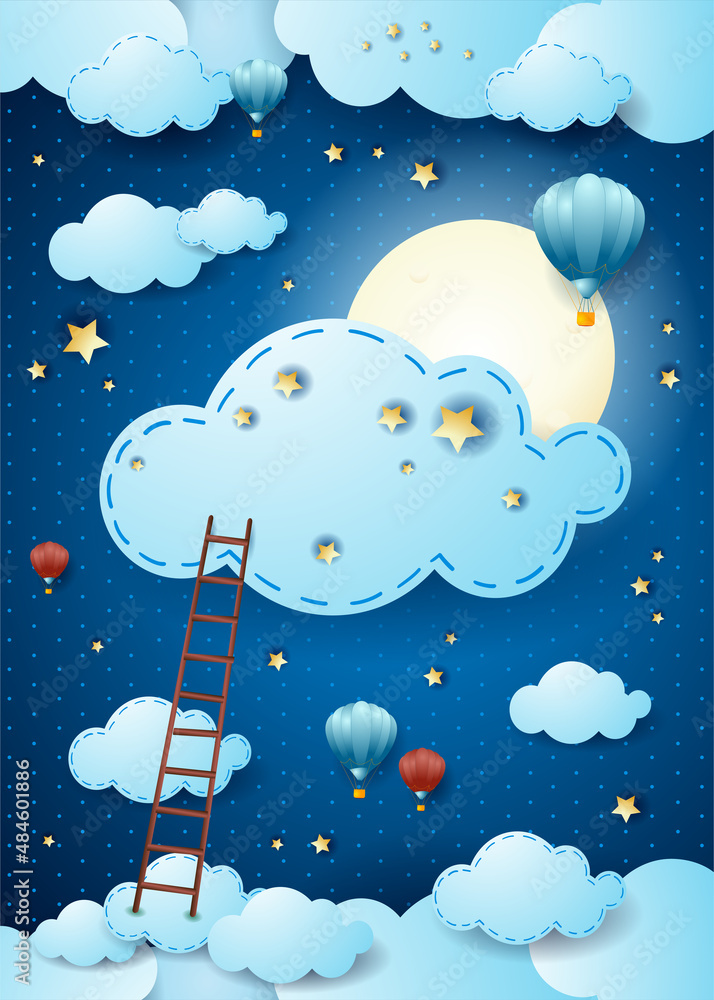 Fantasy cloudscape at night with full moon, cloud and ladder. Vector ...