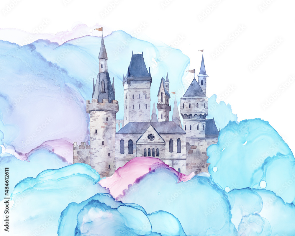 Watercolor fantasy castle. Sky kingdom with ink clouds. Fairytale ...