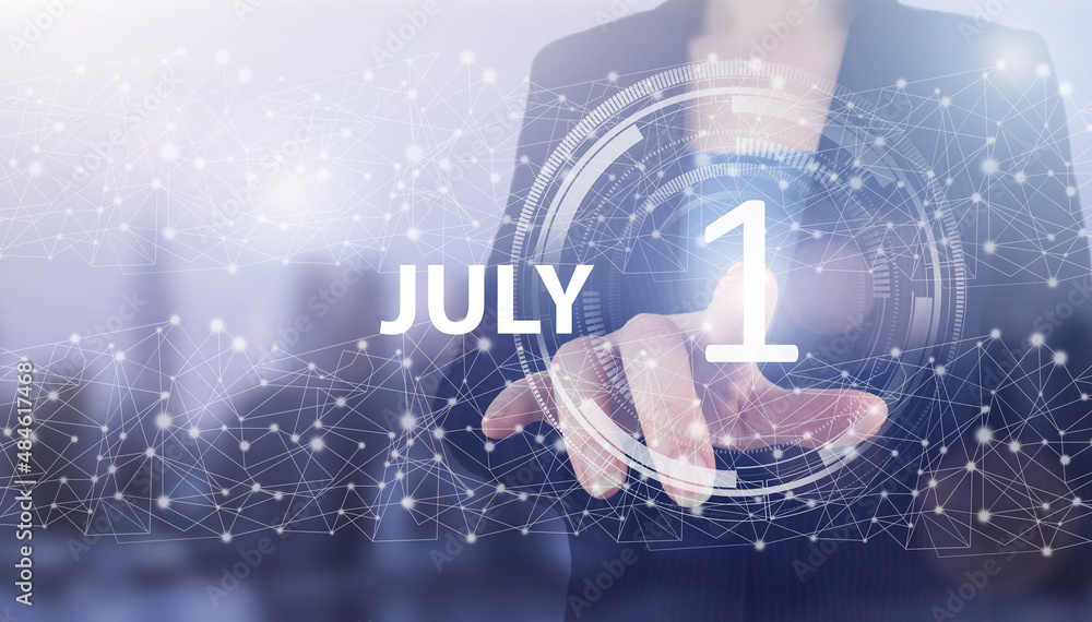 July 1st . Day 1 of month, Calendar date. Hand click luminous hologram ...