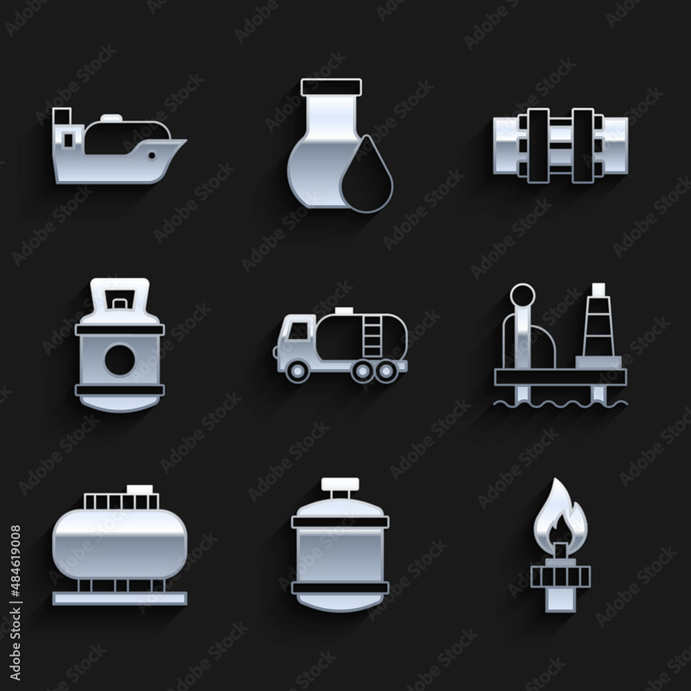 Set Tanker truck, Propane gas tank, Oil rig with fire, platform in the ...