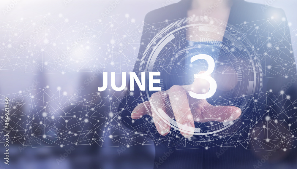June 3rd. Day 3 of month, Calendar date. Hand click luminous hologram ...