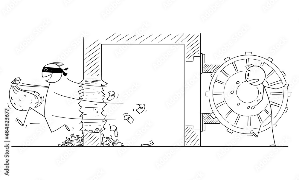 Robber Leaving Bank Safe With Bags of Money , Vector Cartoon Stick ...