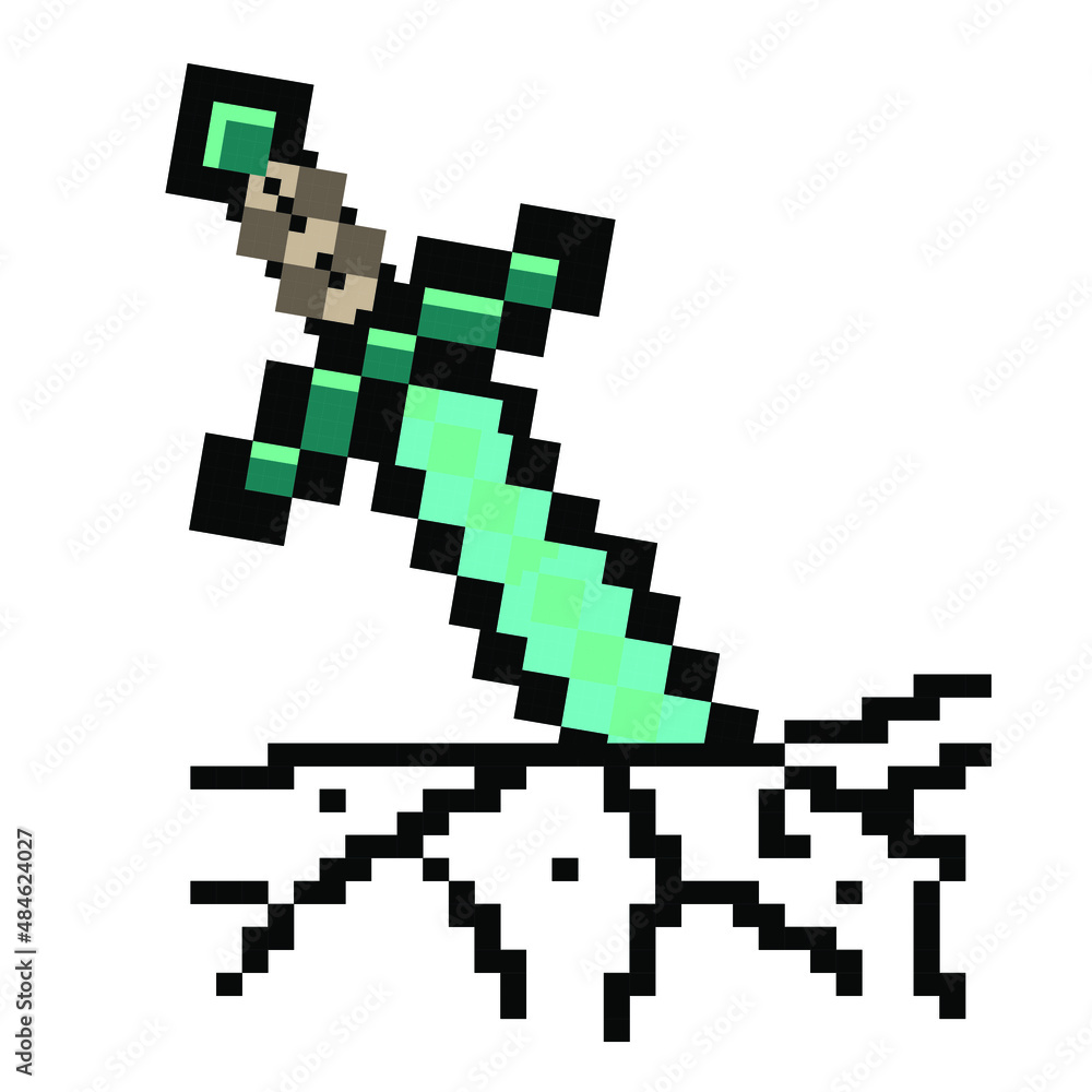 Pixel sword on a white background. A pixelated eight-bit sword sticking ...