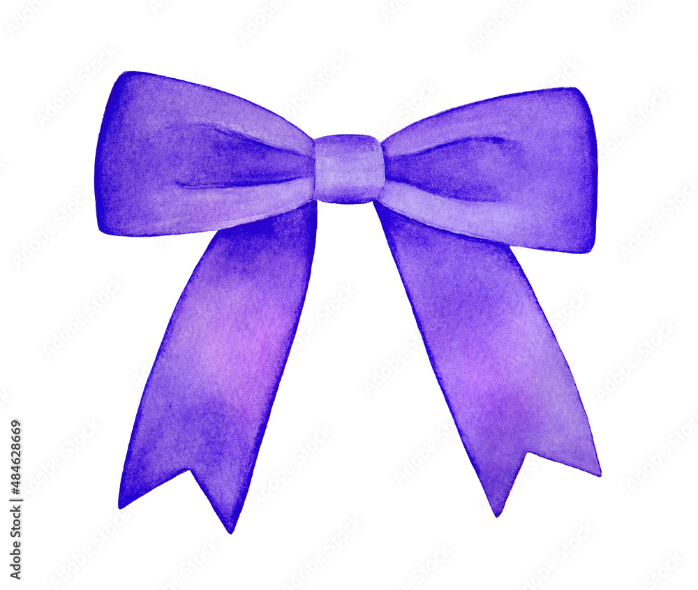 Hand drawn watercolor illustration of wide decorative purple bow. One ...