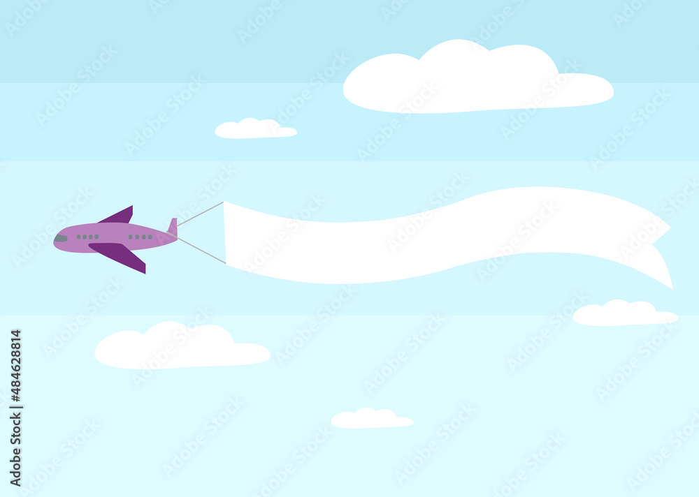 Vector cartoon of the purple plane with the white streamer flying in ...