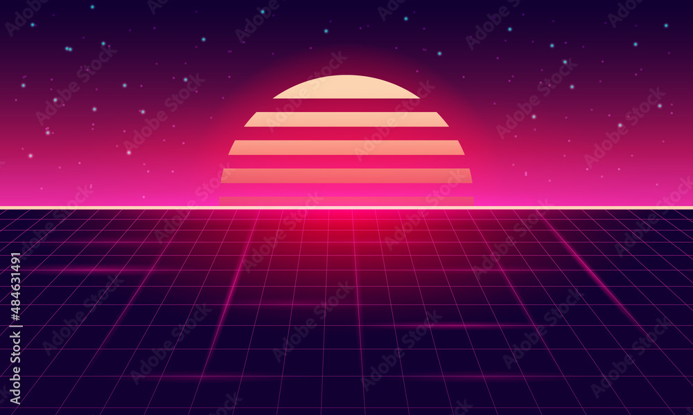 Retro Sci-Fi Background Futuristic Grid landscape , 90's . Horizontal ...