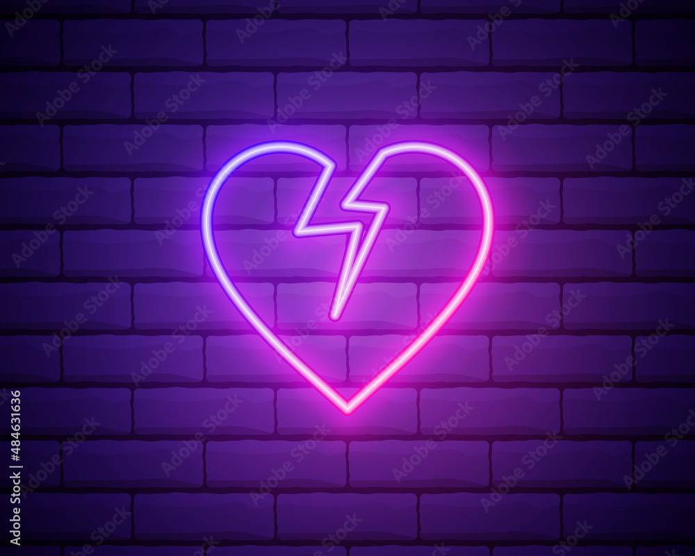 Broken heart neon light icon. Heartbreak glowing sign. Beak up. Vector ...