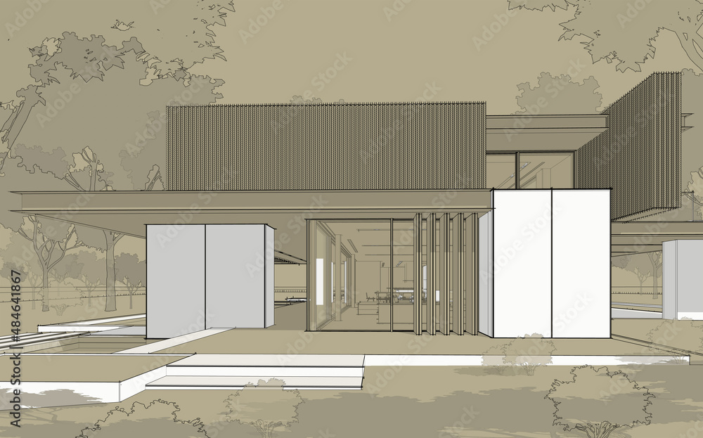 3d rendering of modern cozy house with parking and pool for sale or ...
