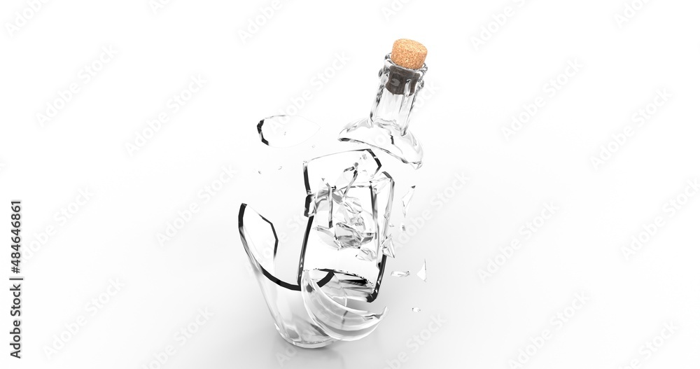 Smashed broken glass wine empty bottle. Transparent color shards ...