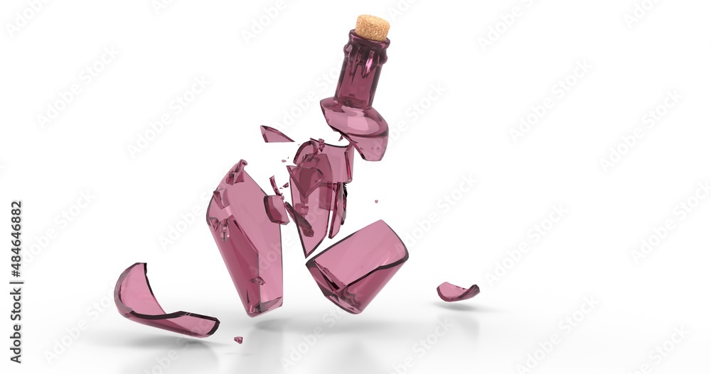 Smashed broken glass wine empty bottle. Pink color shards. Frozen in ...