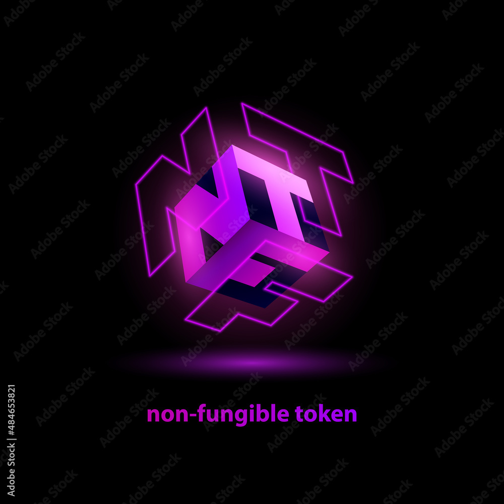 Neon purple NFT text icon. NFT Abbreviation on the faces of a 3D cube ...