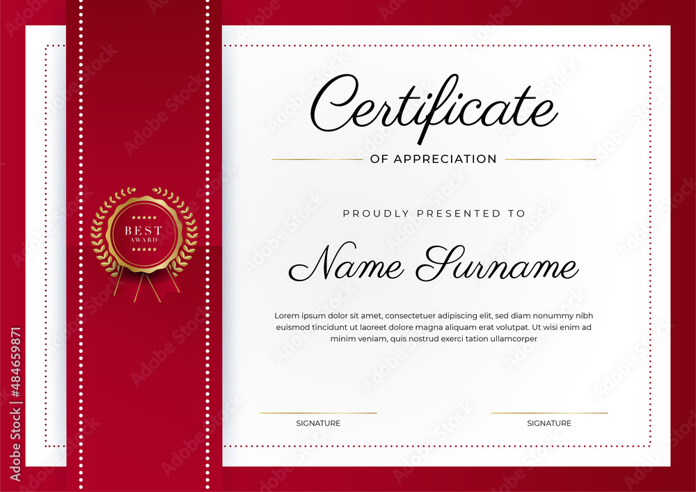 Luxury certificate of appreciation template with red and gold color ...
