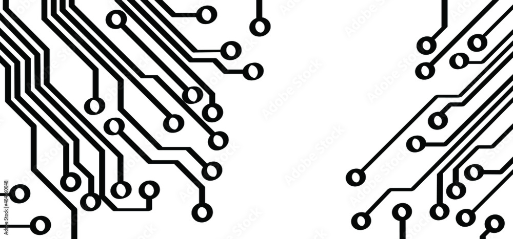 Cartoon circuit board or electronic motherboard. lines and dots connect ...