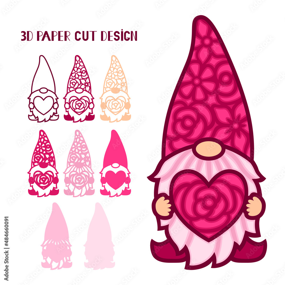 Valentines Day. 3D layered gnome with heart. Love symbols. Paper, laser ...